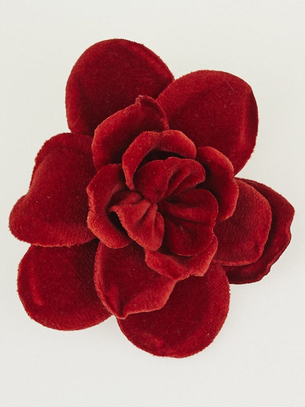 Chanel Red Velvet Camellia Flower Brooch | Yoogi's Closet