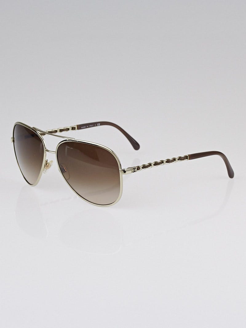 Chanel Gold Frame and Leather Gradient Tint Aviator Sunglasses - 4194-Q ...
