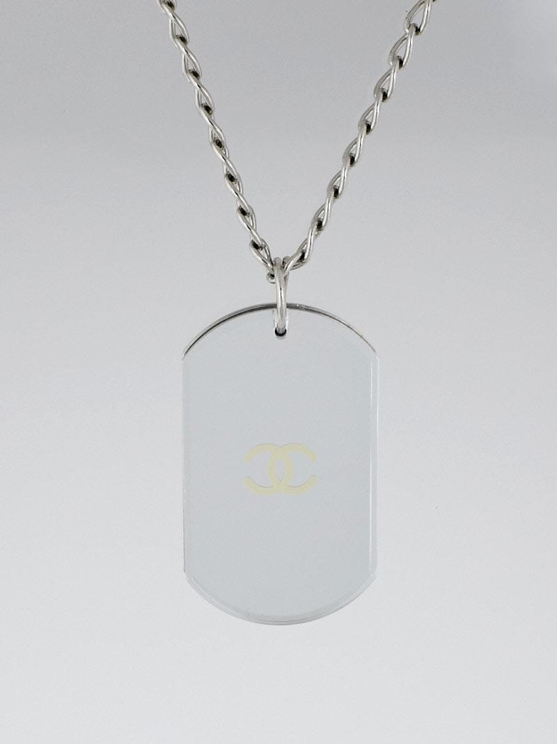 Chanel Silvertone Chain Mirrored CC Dog Tag Necklace | Yoogi's Closet