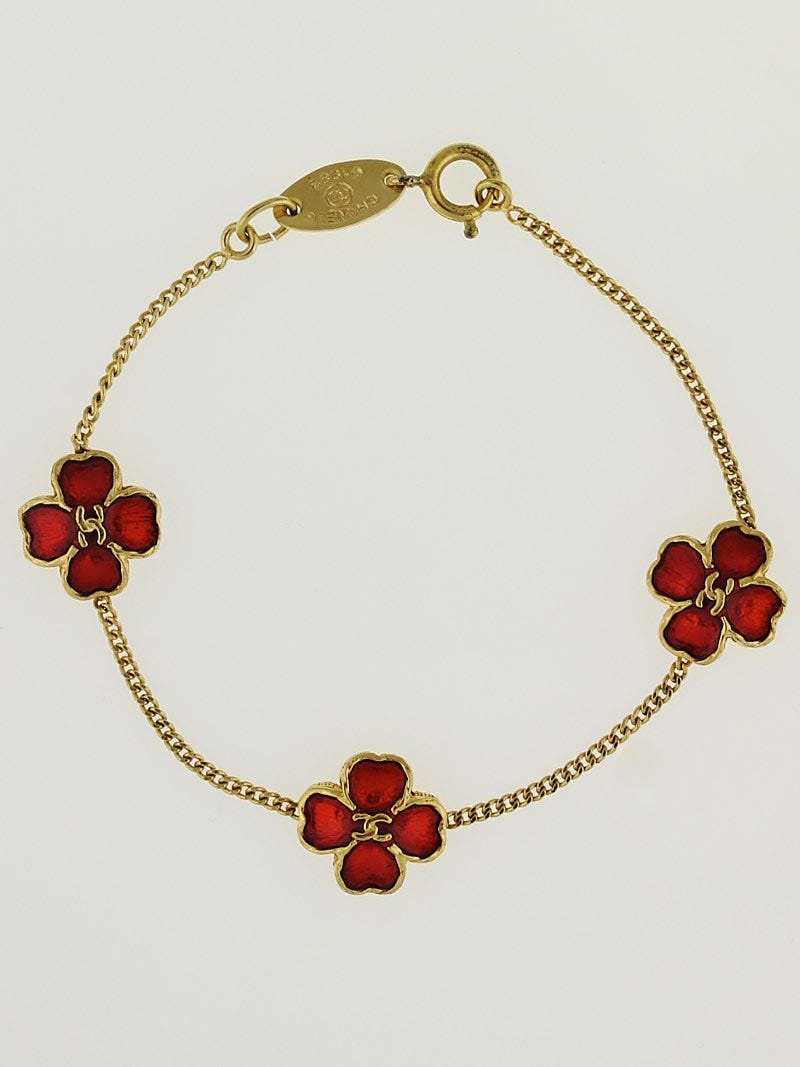 Chanel Gold/Red Enamel CC Camellia Bracelet | Yoogi's Closet
