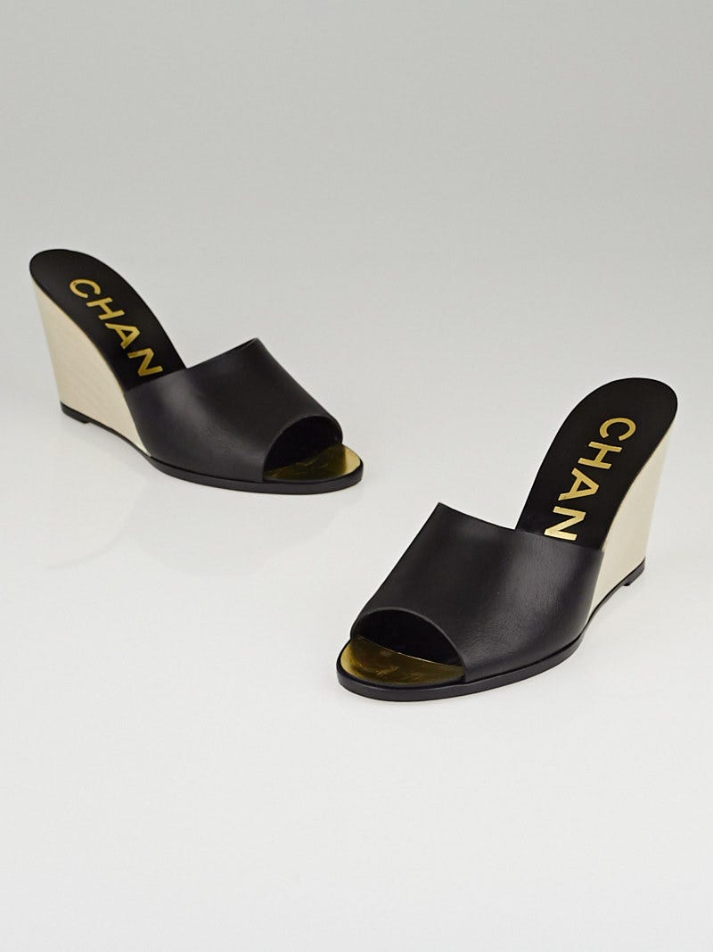 Chanel Black Leather Slide Mule Wedges Size 7/37.5 | Yoogi's Closet