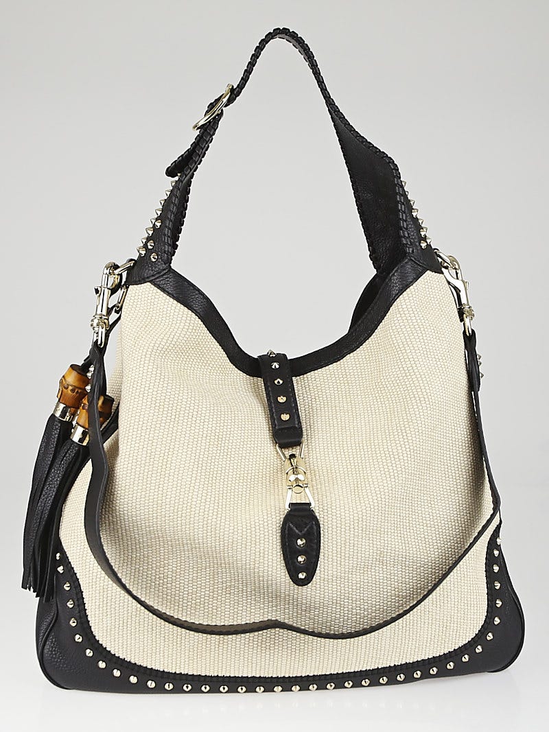 Gucci Beige/Black Raffia and Leather Studded New Jackie Large Shoulder ...