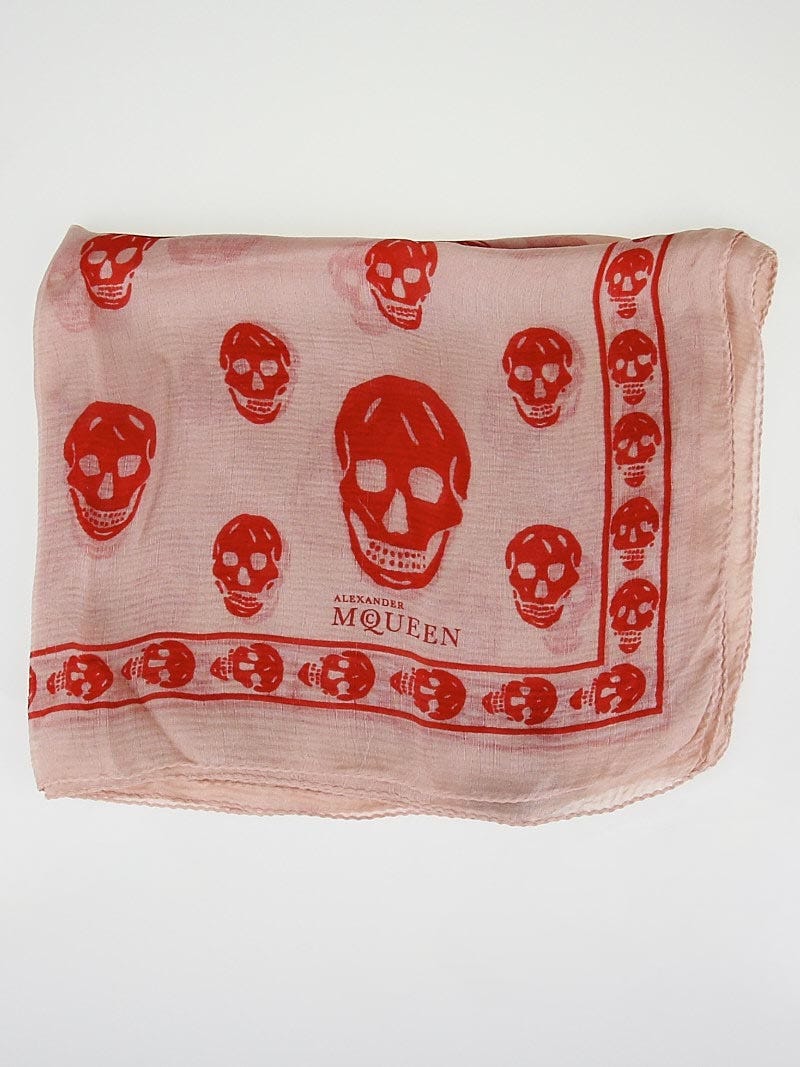 Alexander McQueen Pink/Red Silk Chiffon Classic Skull Scarf | Yoogi's ...