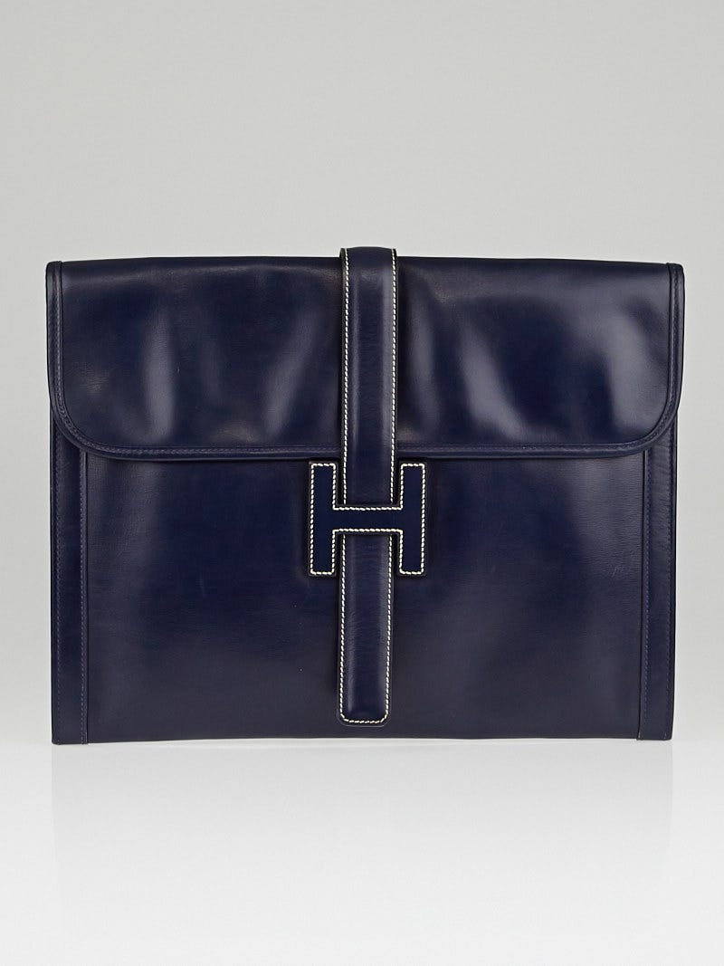 Hermes Navy Blue Box Leather Jige Clutch GM Bag | Yoogi's Closet