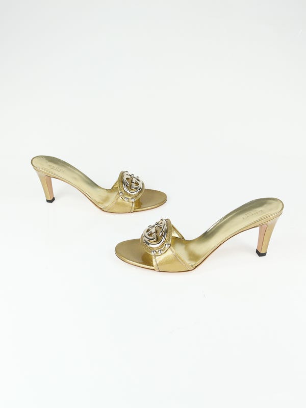 Gucci Gold Glitter Patent Leather "Britt" Open Toe Sandal Slides Size 9 ...
