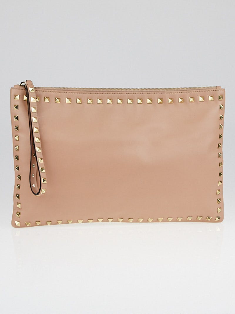 Valentino Beige Nappa Leather Rockstud Large Clutch Bag | Yoogi's Closet
