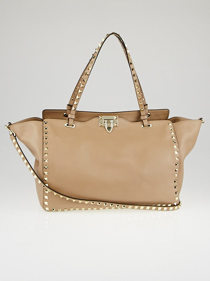 Valentino Beige Leather Rockstud Trapeze Tote Bag | Yoogi's Closet