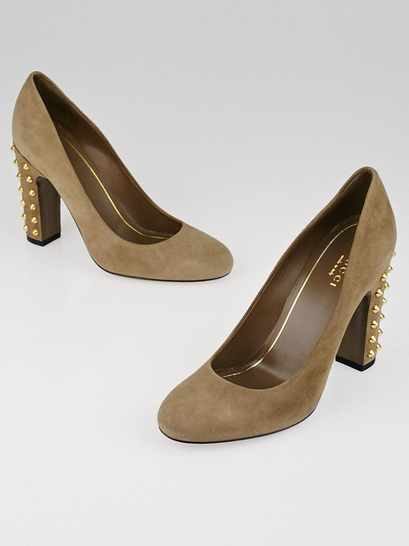 Gucci Taupe Suede Studded Jacquelyne Pumps Size 5/35.5 | Yoogi's Closet