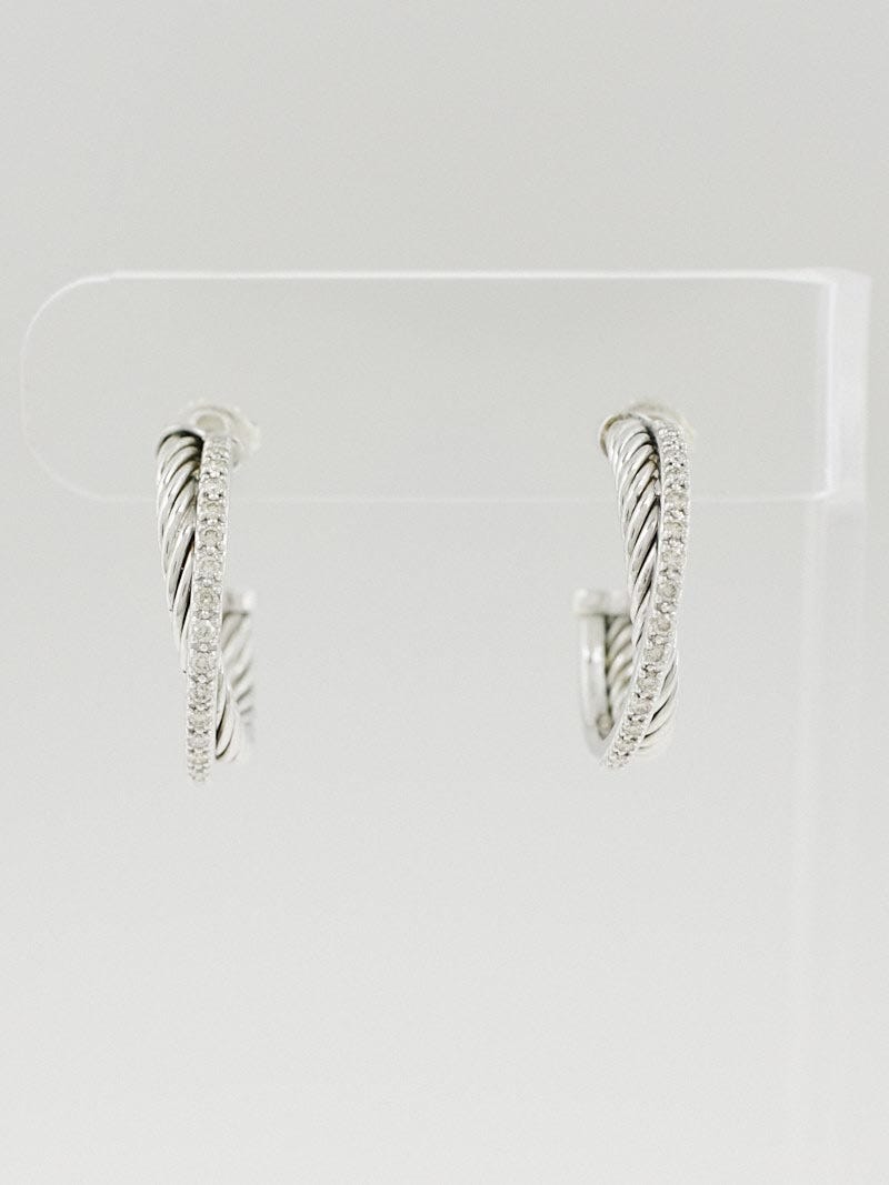 David Yurman Sterling Silver and Diamond Crossover Small Hoop Earrings ...