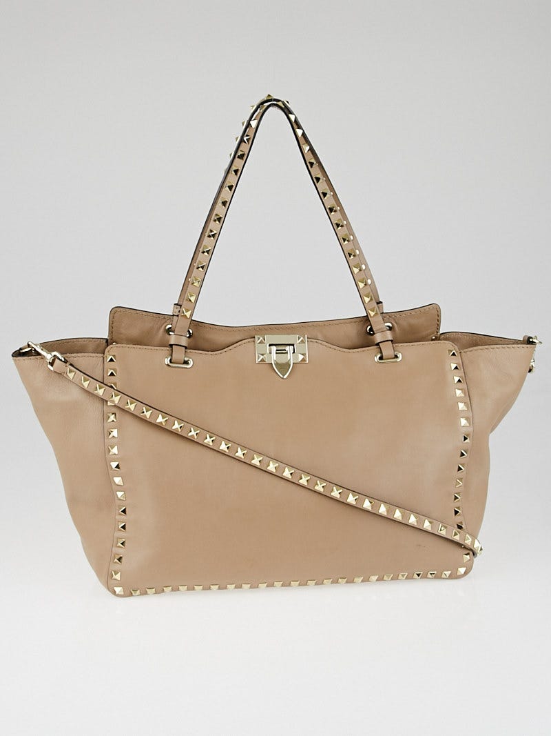 Valentino Beige Leather Rockstud Trapeze Tote Bag | Yoogi's Closet