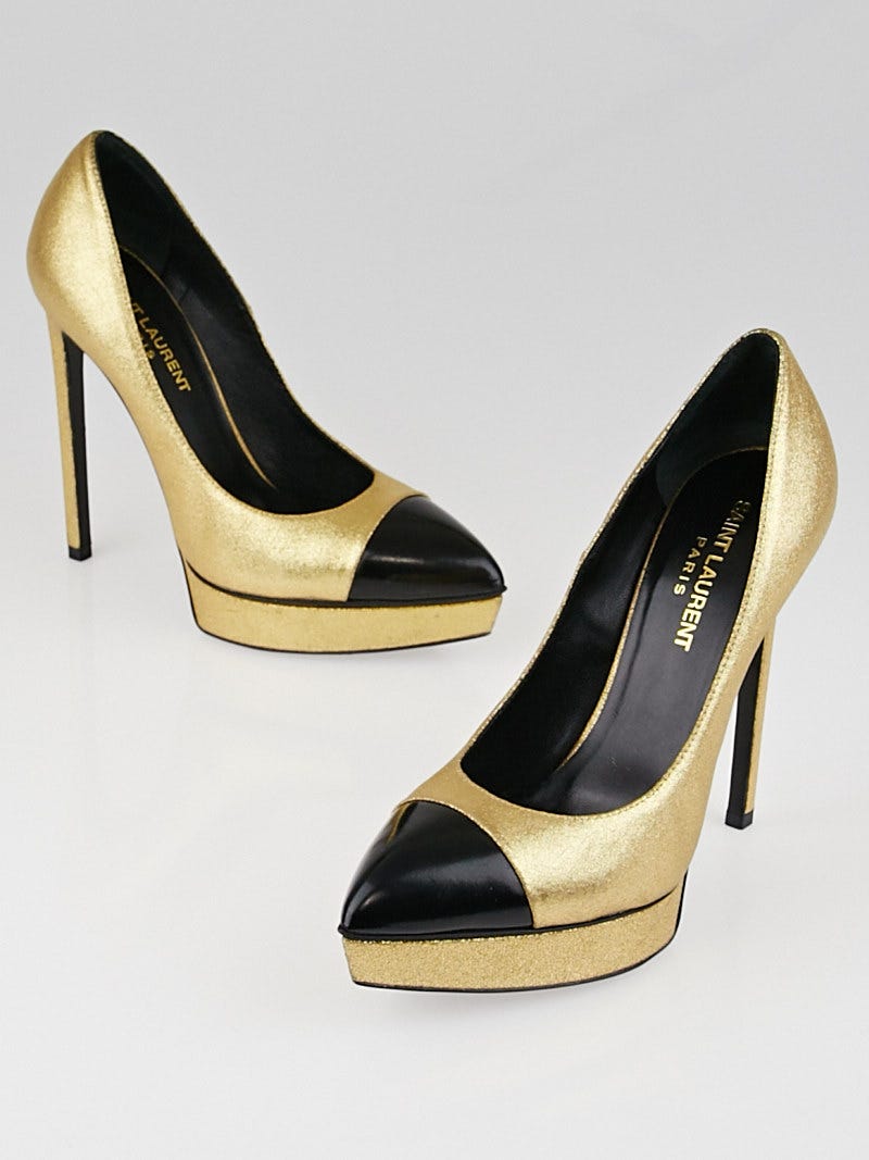 Yves Saint Laurent Gold/Black Leather Cap Toe Janis Pumps Size 6/36.5 ...
