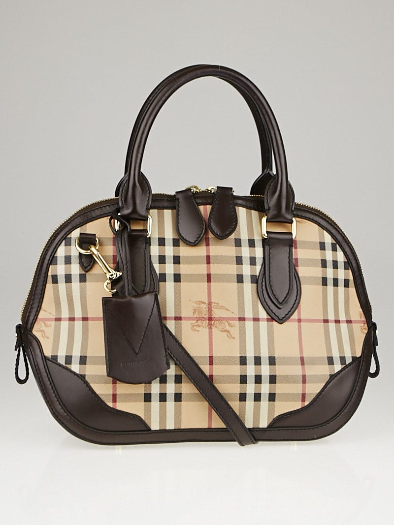 Burberry Chocolate Leather Haymarket Coated Canvas Leather Small ...