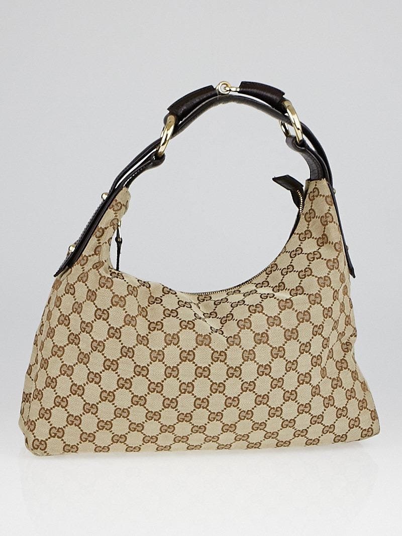 Gucci Beige/Ebony GG Canvas Medium Horsebit Hobo Bag | Yoogi's Closet