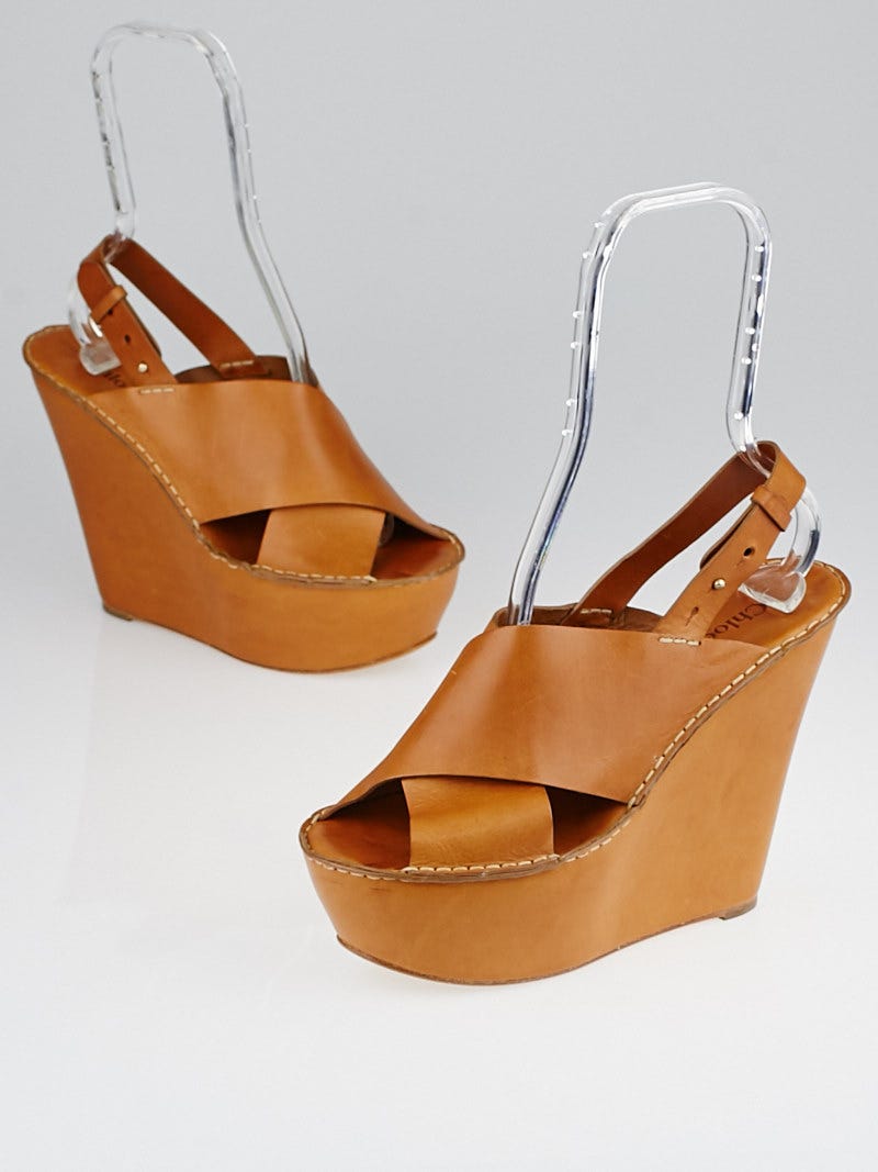 Chloe Brown Leather Platform Wedge Sandals Size 10/40.5 | Yoogi's Closet