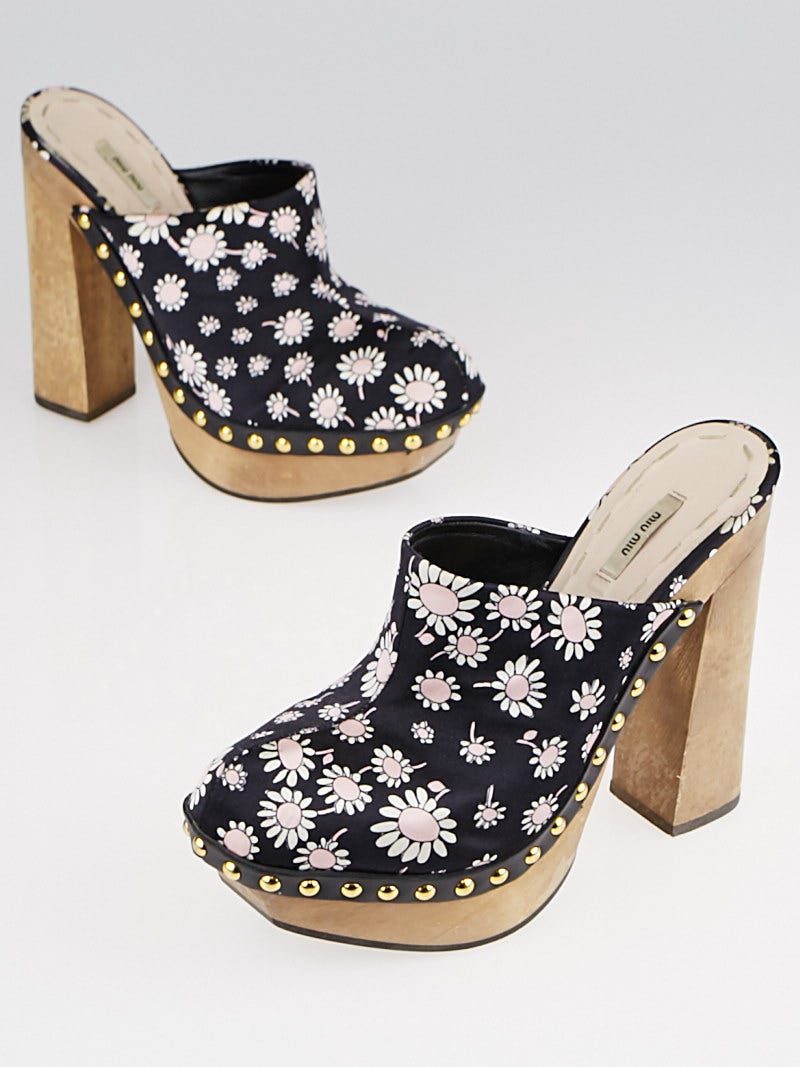 Miu Miu Black Satin Flowers Clog Heels Size 5.5/36 | Yoogi's Closet