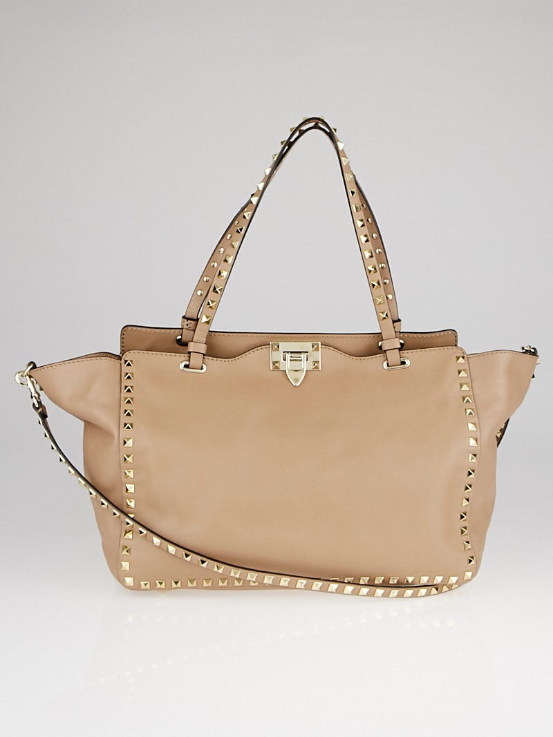 Valentino Beige Leather Rockstud Medium Tote Bag | Yoogi's Closet