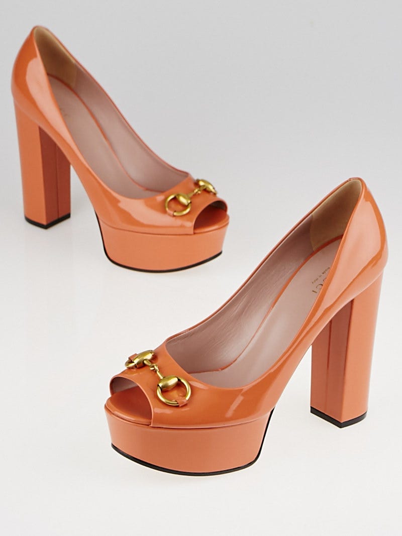 Gucci Peach Patent Leather Horsebit Platform Peep Toe Pumps Size 7/37.5 ...