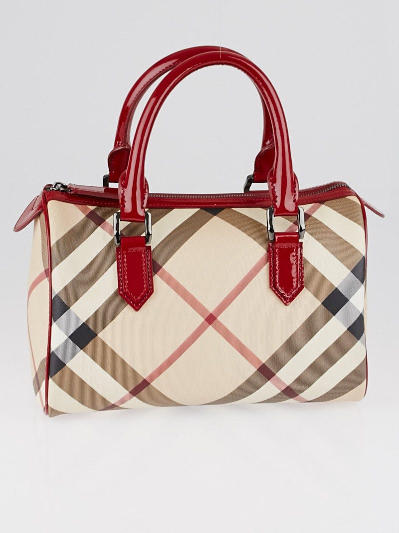 Burberry Red Patent Leather Supernova Check Coated Canvas Bowling Bag ...