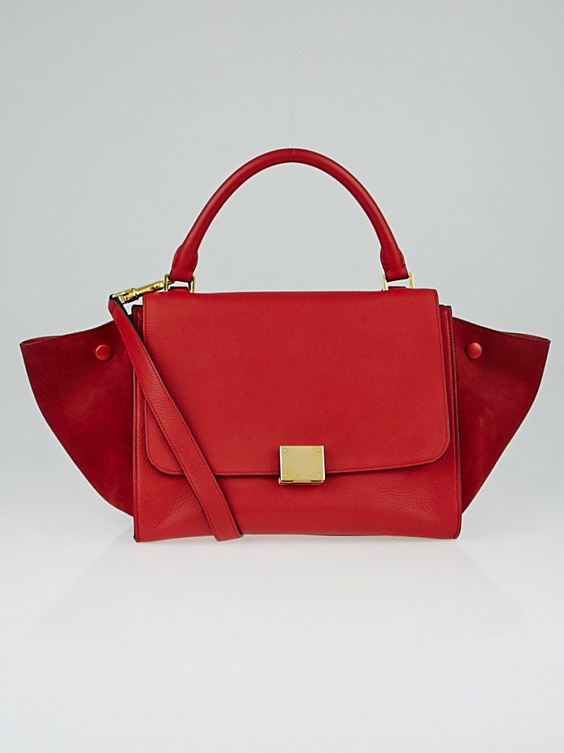 Celine Red Pebbled Leather and Suede Small Trapeze Bag | Yoogi's Closet