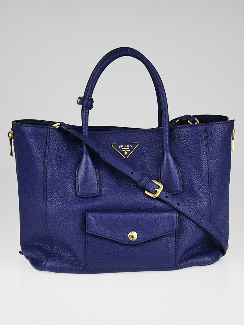 Prada Inchiostro Vitello Daino Leather Side Zip Twin Pocket Tote Bag ...