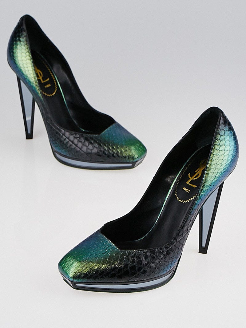 Yves Saint Laurent Forest Green Watersnake Vanda Mirrored Pumps Size 7. ...