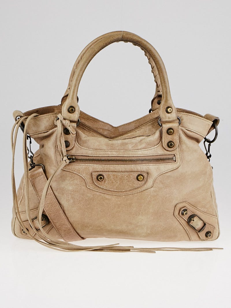 Balenciaga Oatmeal Lambskin Leather Motorcycle Town Bag | Yoogi's Closet