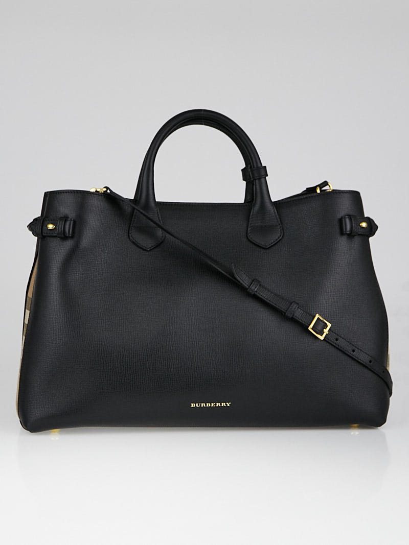 Burberry Black Pebble Leather House Check Large Banner Tote Bag Yoogi s Closet