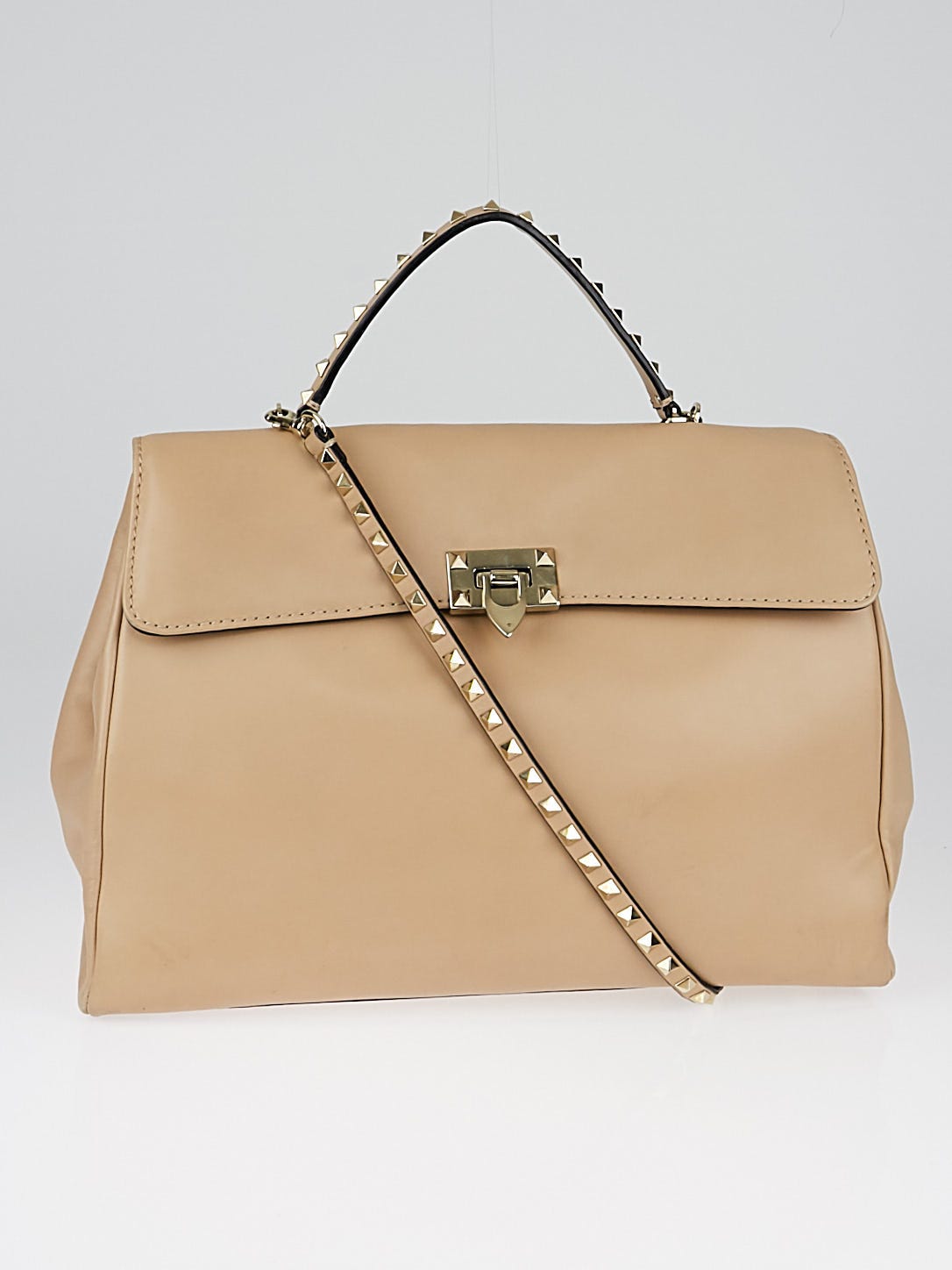 Valentino Beige Leather Rockstud Large Top Handle Bag | Yoogi's Closet