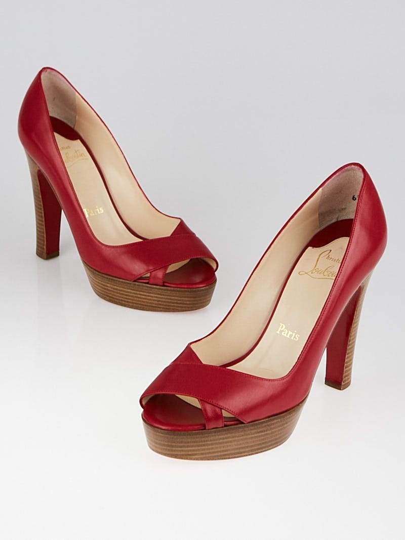 Christian Louboutin Red Leather Peep Toe Platform Heels Size 8/38.5 ...
