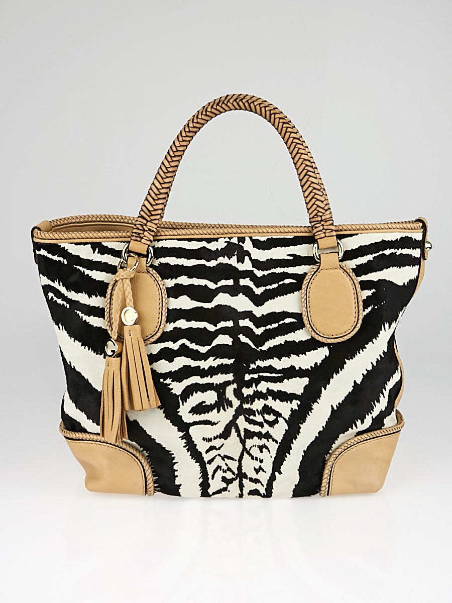 Gucci Black/White Zebra Printed Calf Hair Beige Leather Marrakech Large ...