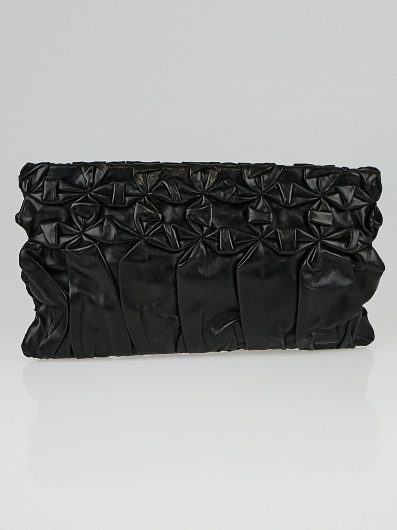 Prada Black Leather Diamond Pleated Royal Calf Leather Pochette Clutch ...