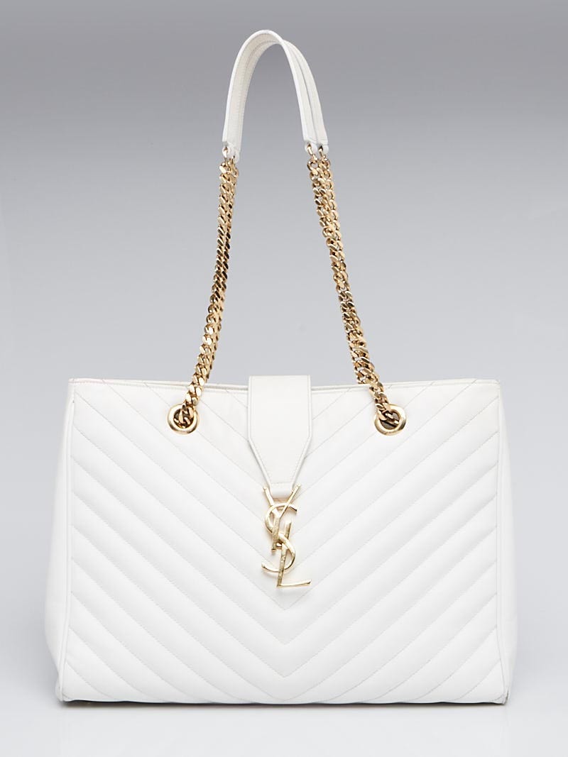 Yves Saint Laurent White Chevron Quilted Leather Monogram Tote Bag ...
