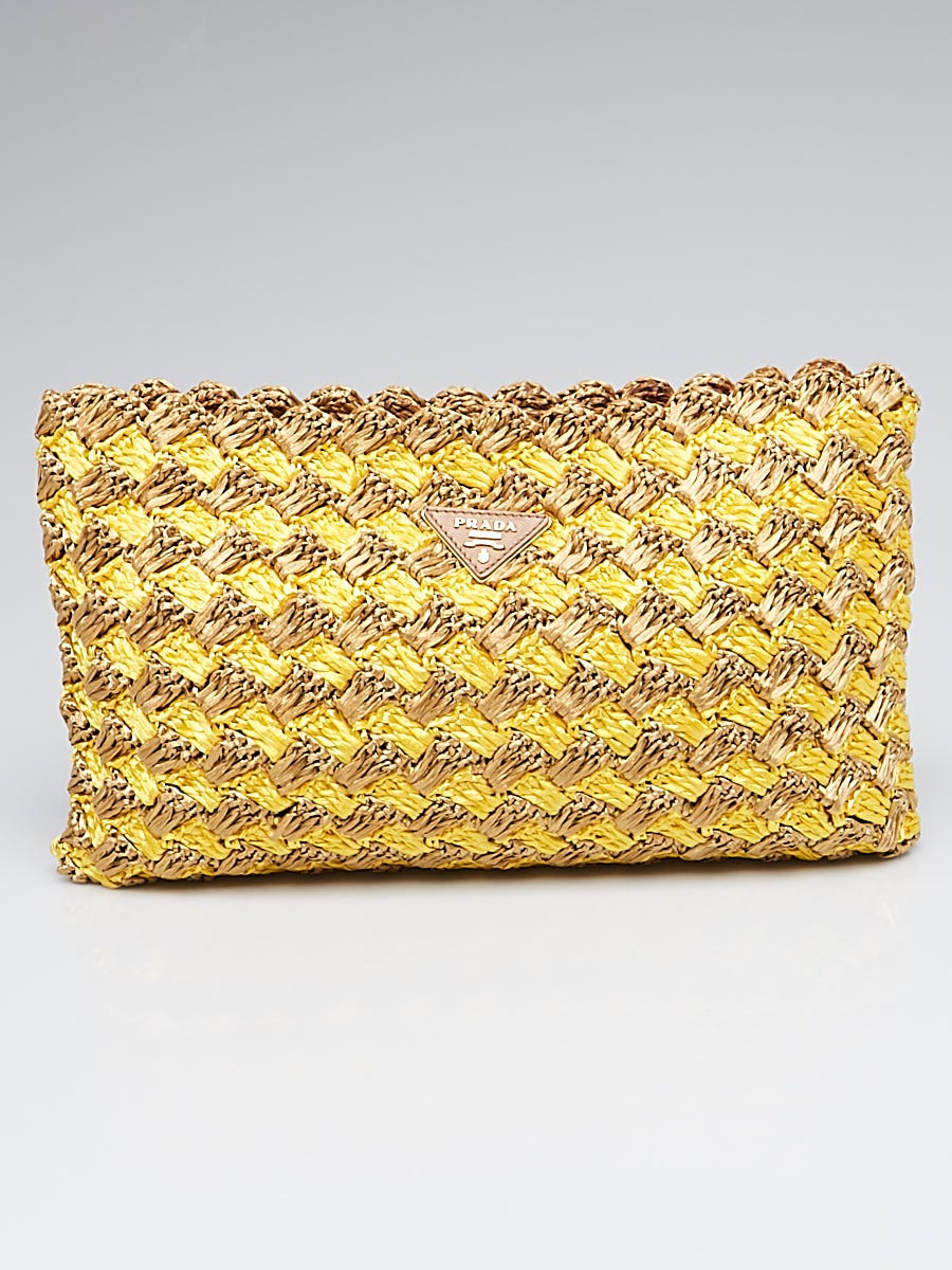 Prada Tan/Yellow Raffia Crochet Clutch Bag BP0515 | Yoogi's Closet