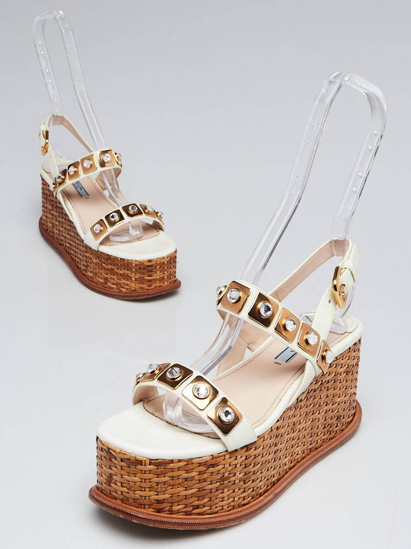 Prada White Patent Leather Woven Platform Wedges Size 6/36.5 | Yoogi's ...