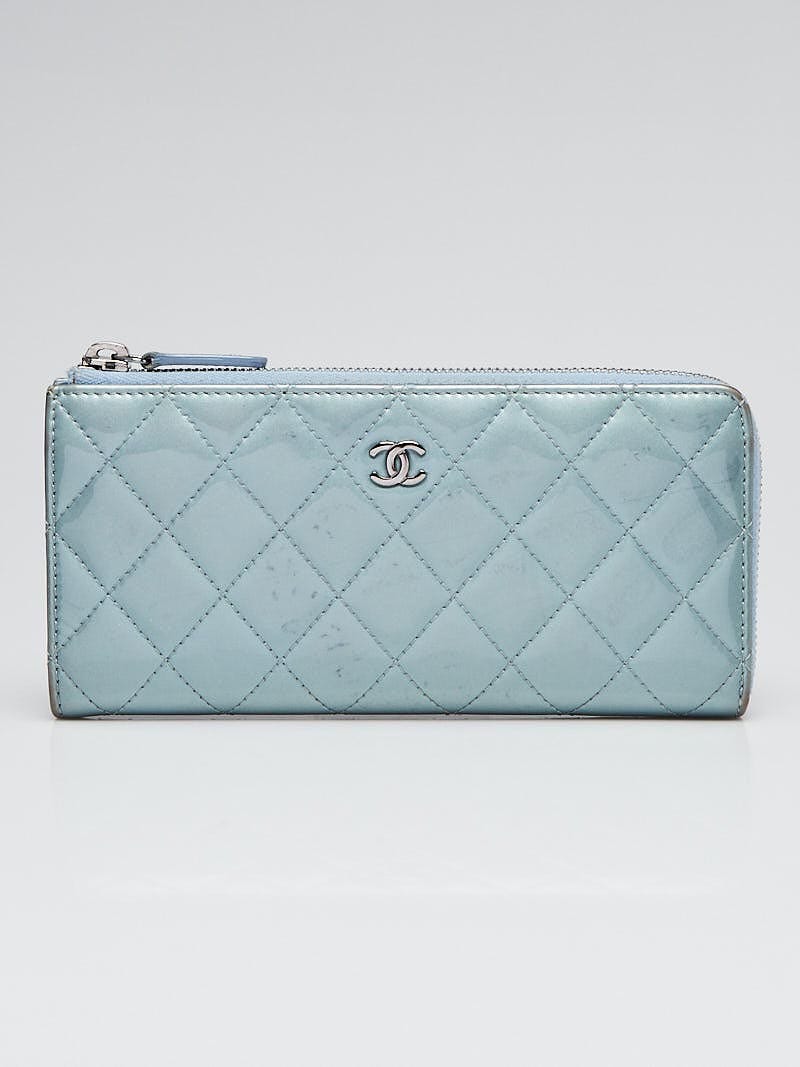 Chanel Light Blue Quilted Patent Leather CC Zip Wallet | Yoogi's Closet