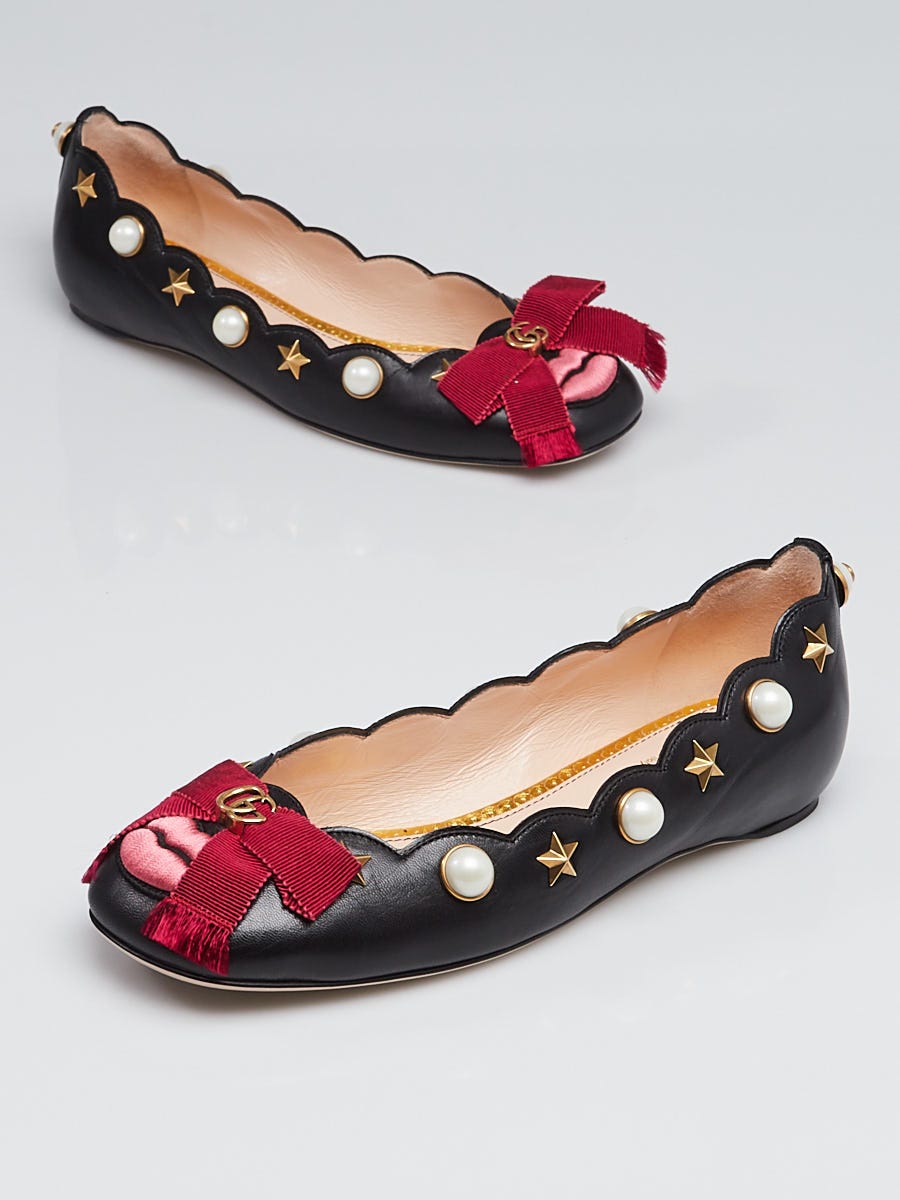Gucci Black Leather Pearl and Lips Lexi Flats Size 4.5/35 | Yoogi's Closet