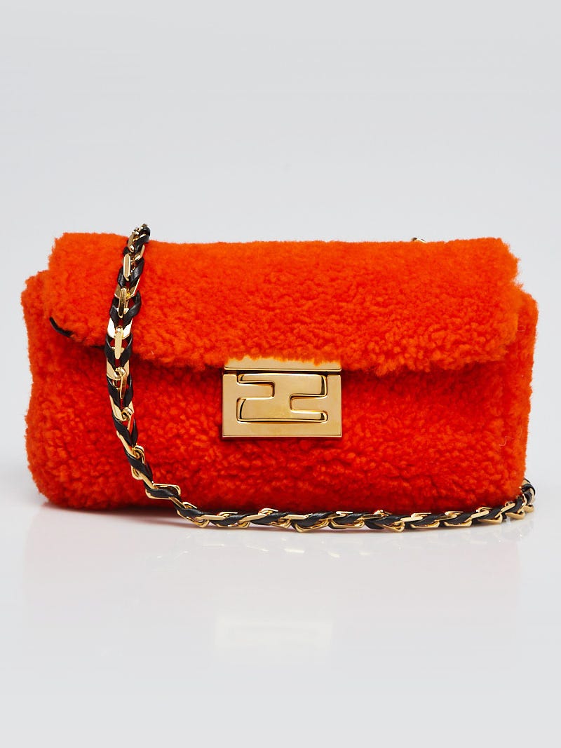 Fendi Orange Shearling Mini Be Baguette Crossbody Bag - 8M0315 | Yoogi ...