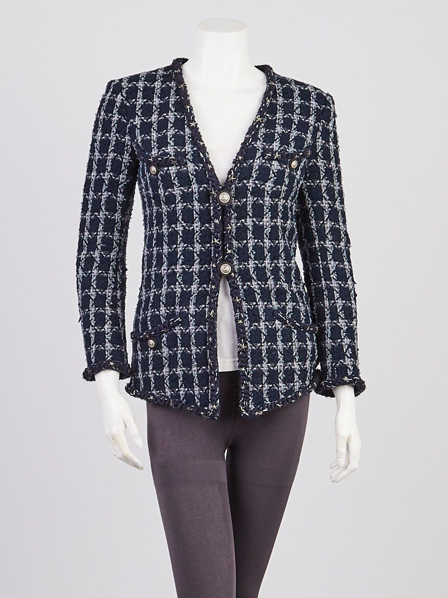Chanel Blue/White Cotton/Wool/Nylon Tweed Jacket Size 2/34 | Yoogi's Closet