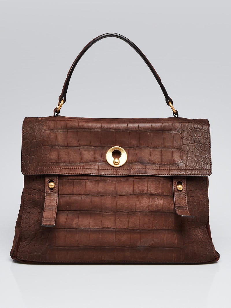 Yves Saint Laurent Brown Croc Embossed Nubuck Large Muse Two Bag ...