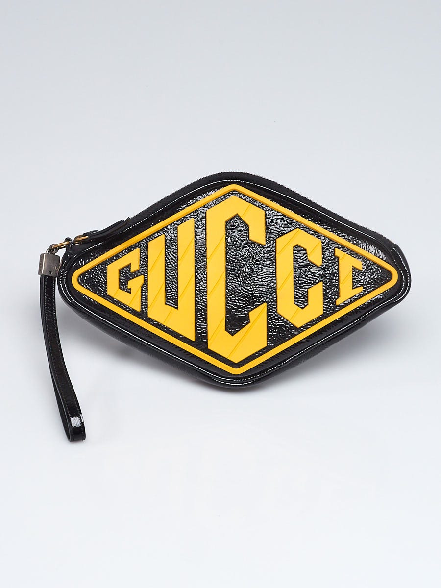 Gucci Black Patent Leather Graphic Logo Wristlet Bag | Yoogi's Closet