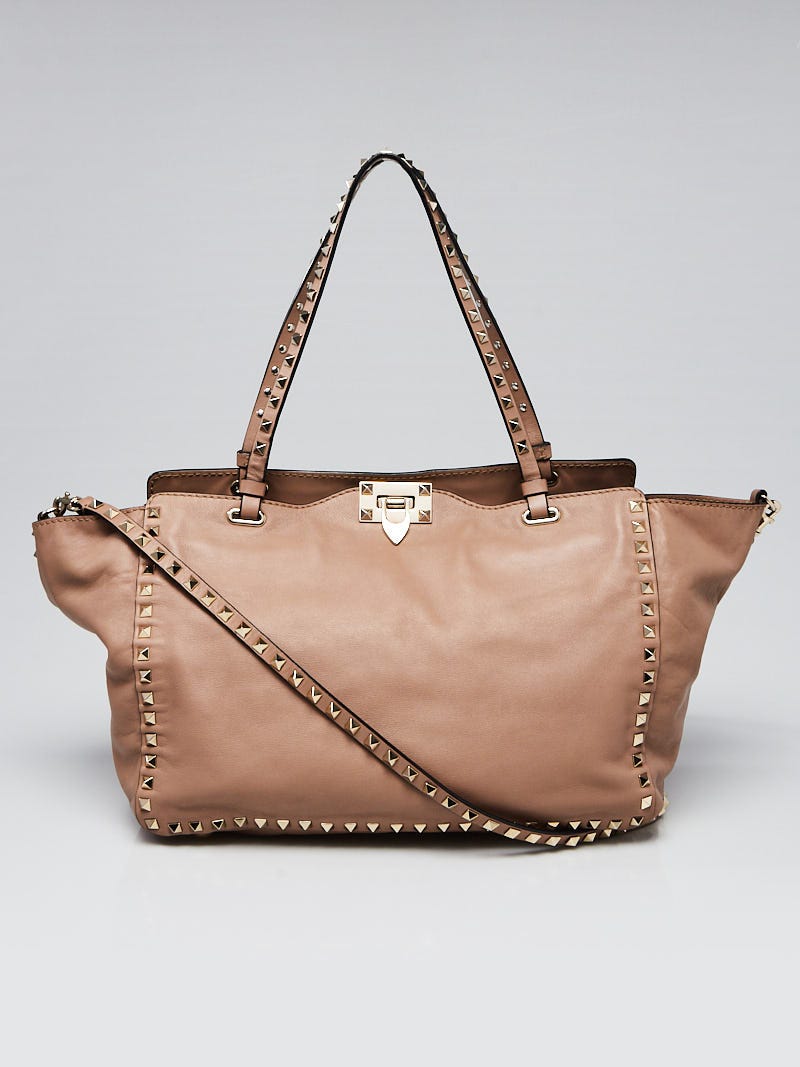 Valentino Beige Leather Rockstud Trapeze Medium Tote Bag | Yoogi's Closet