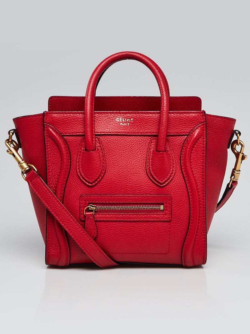 Celine Red Drummed Leather Nano Luggage Tote Bag | Yoogi's Closet