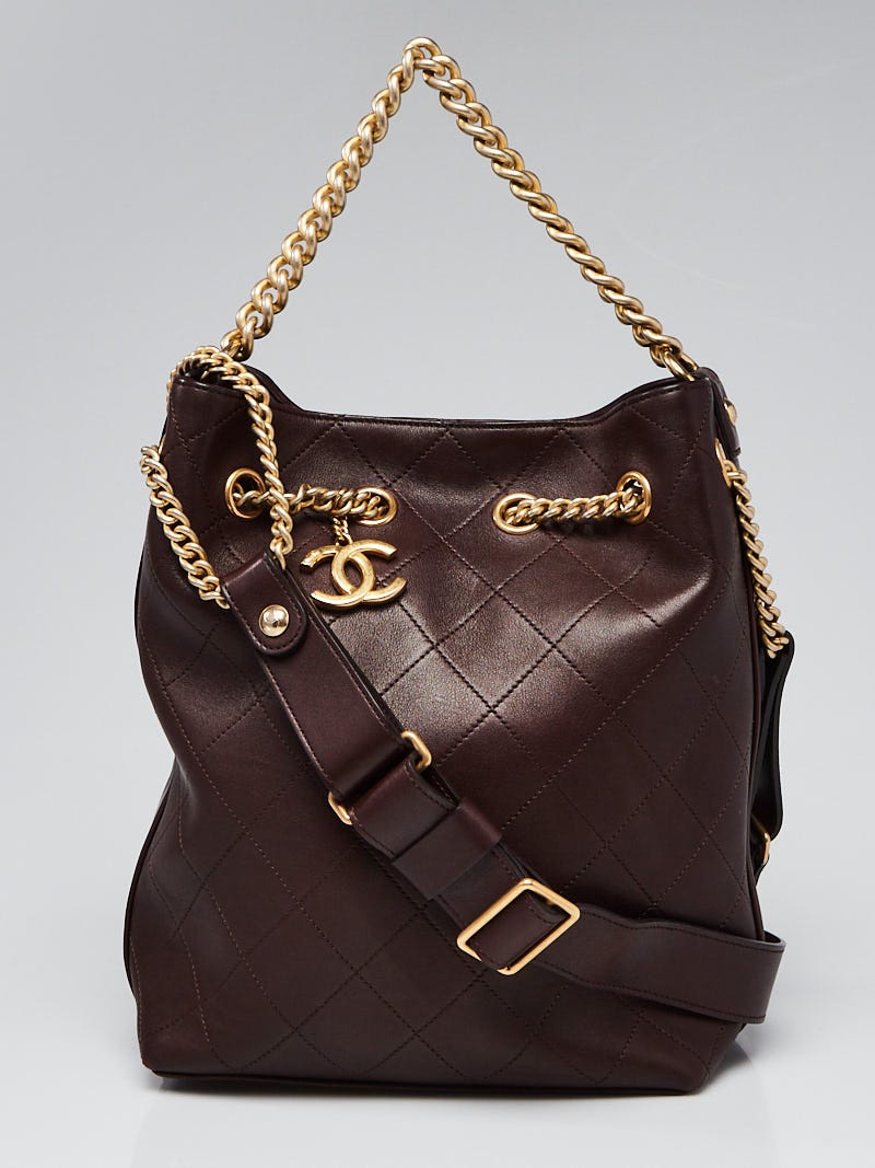 Chanel Brown Quilted Leather On My Shoulder Small Drawstring Bag ...