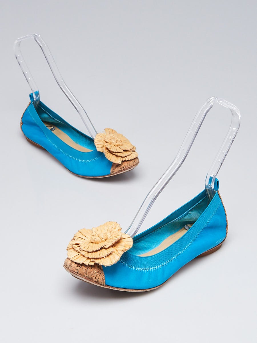 Chanel Blue Leather and Raffia Camellia Cap Toe Elastic Ballet Flats ...