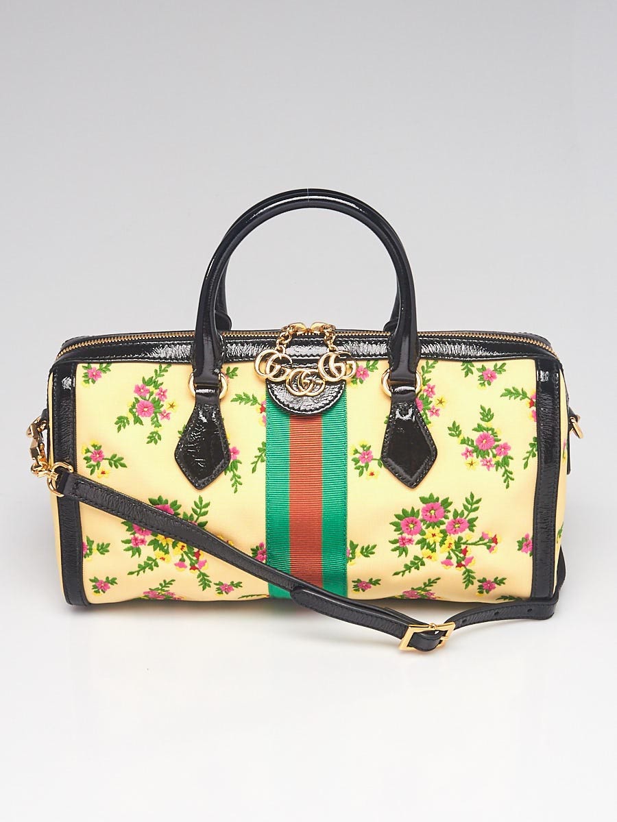 Gucci Yellow Floral Embroidered Nylon and Patent Leather Ophidia Medium ...