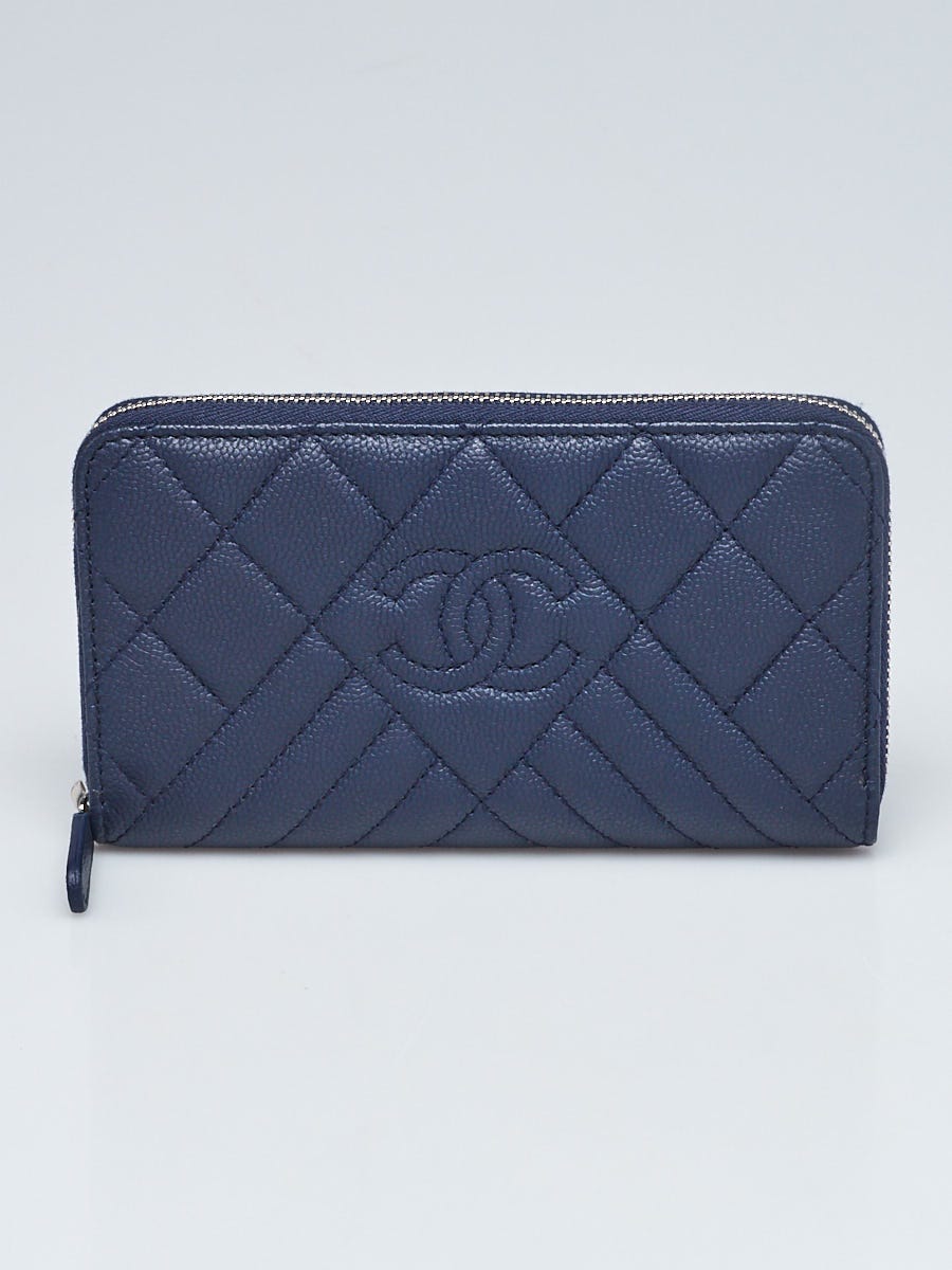 Chanel Navy Blue Caviar Leather Quilted Diamond CC Zippy Compact Wallet ...