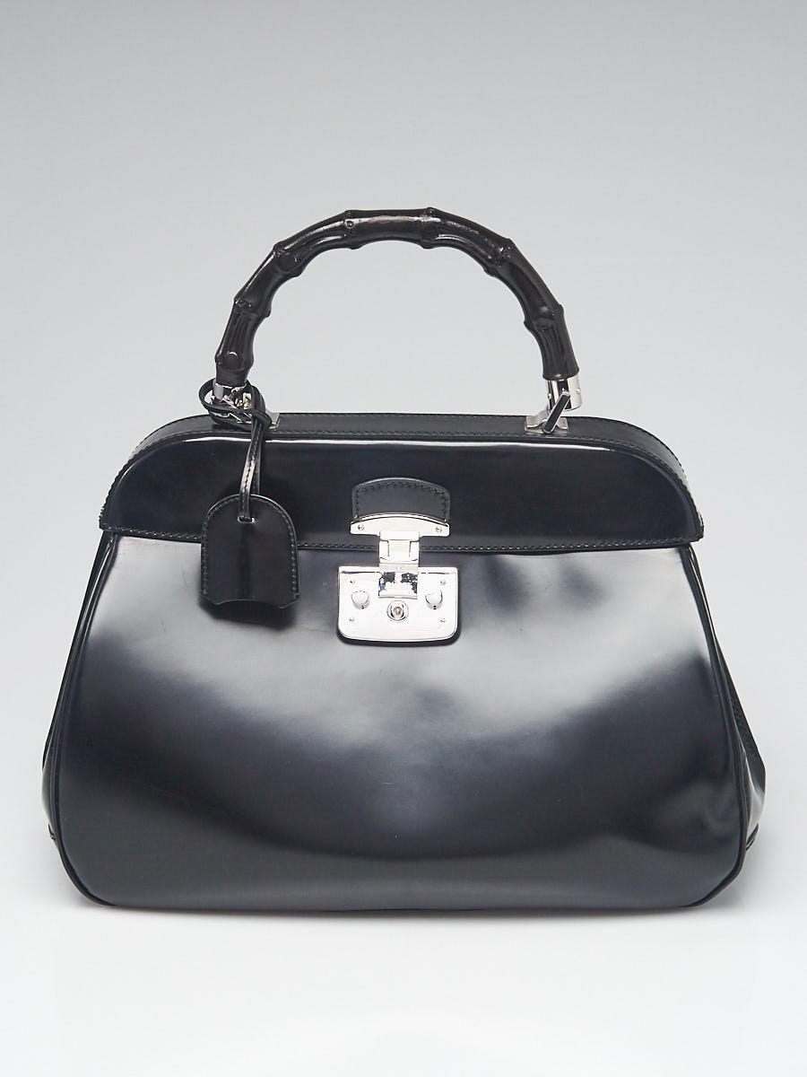 Gucci Black Polished Leather Lady Lock Bamboo Top Handle Large Bag ...