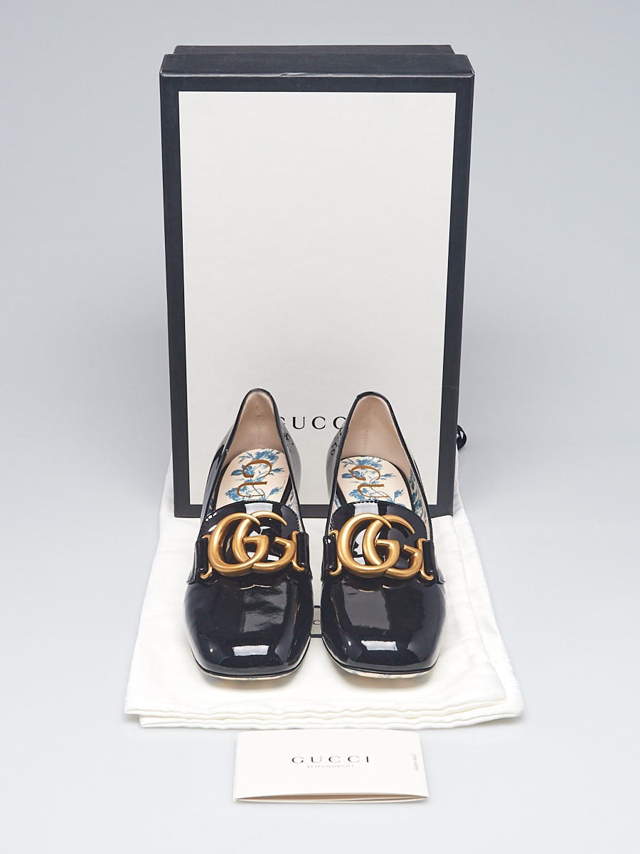 Gucci Black Patent Leather GG Marmont Mid-Heel Loafers Size Gucci Black Patent Leather GG Marmont Mid-Heel Loafers Size