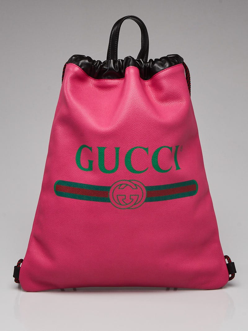 Gucci Pink Leather Printed Drawstring Large Backpack Bag | Yoogi's Closet