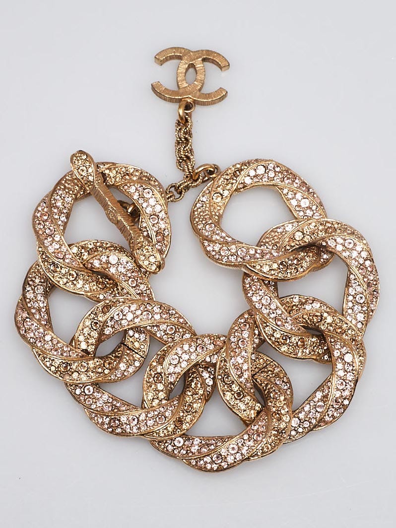 Chanel Gold Brushed Metal and Crystal Large Chain Bracelet | Yoogi's Closet